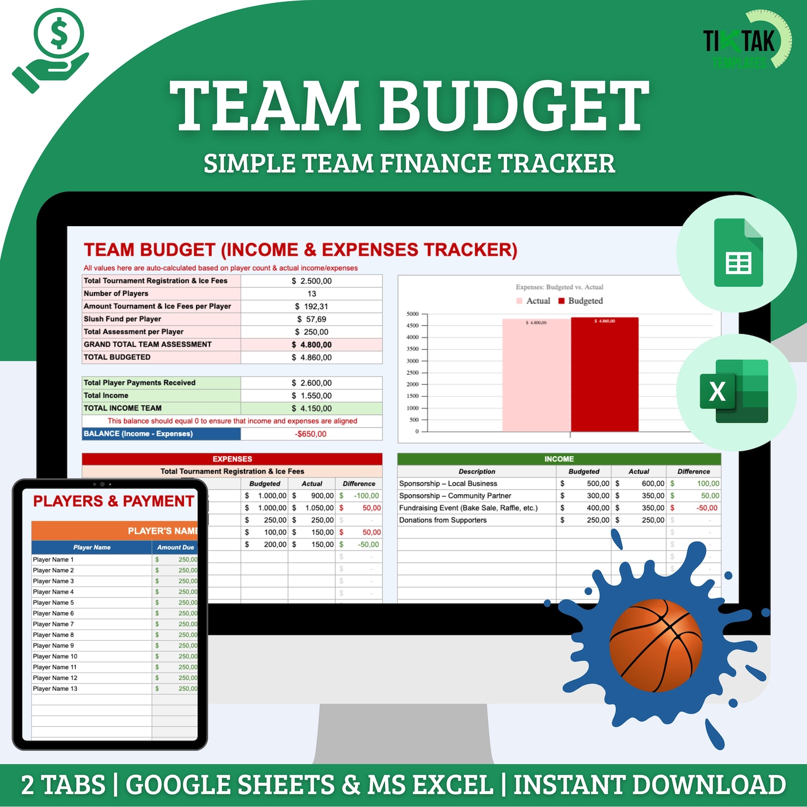 Basketball Team Budget Spreadsheet Template, Youth Basketball Team ...