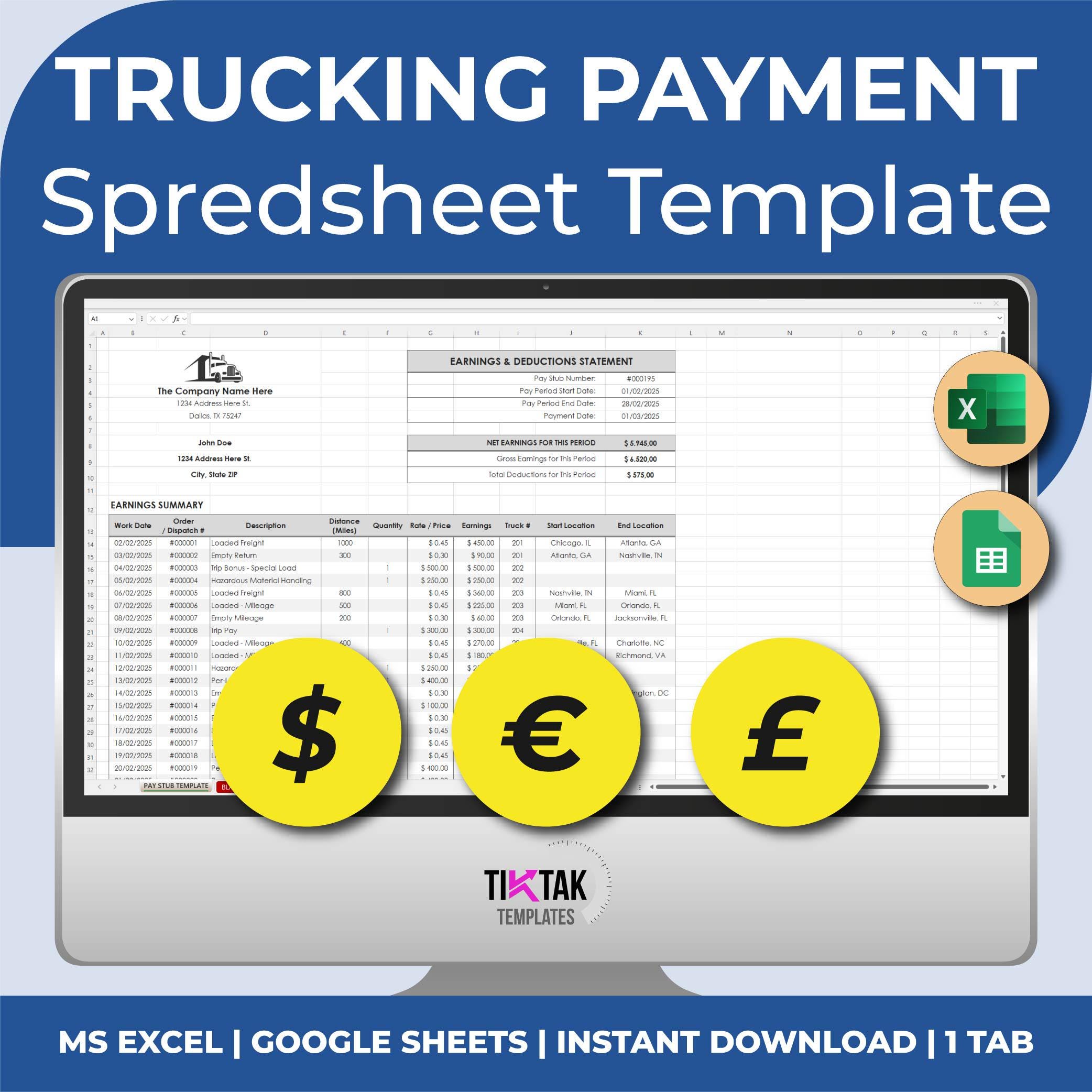 Trucker Pay Record, Truck Driver Payment Spreadsheet Template, Trucker ...