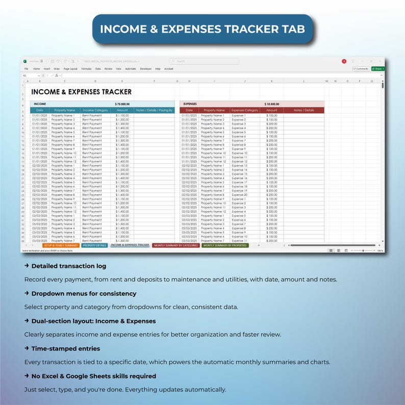 Rental Properties Income Expense Tracker, Excel Google Sheets Template ...
