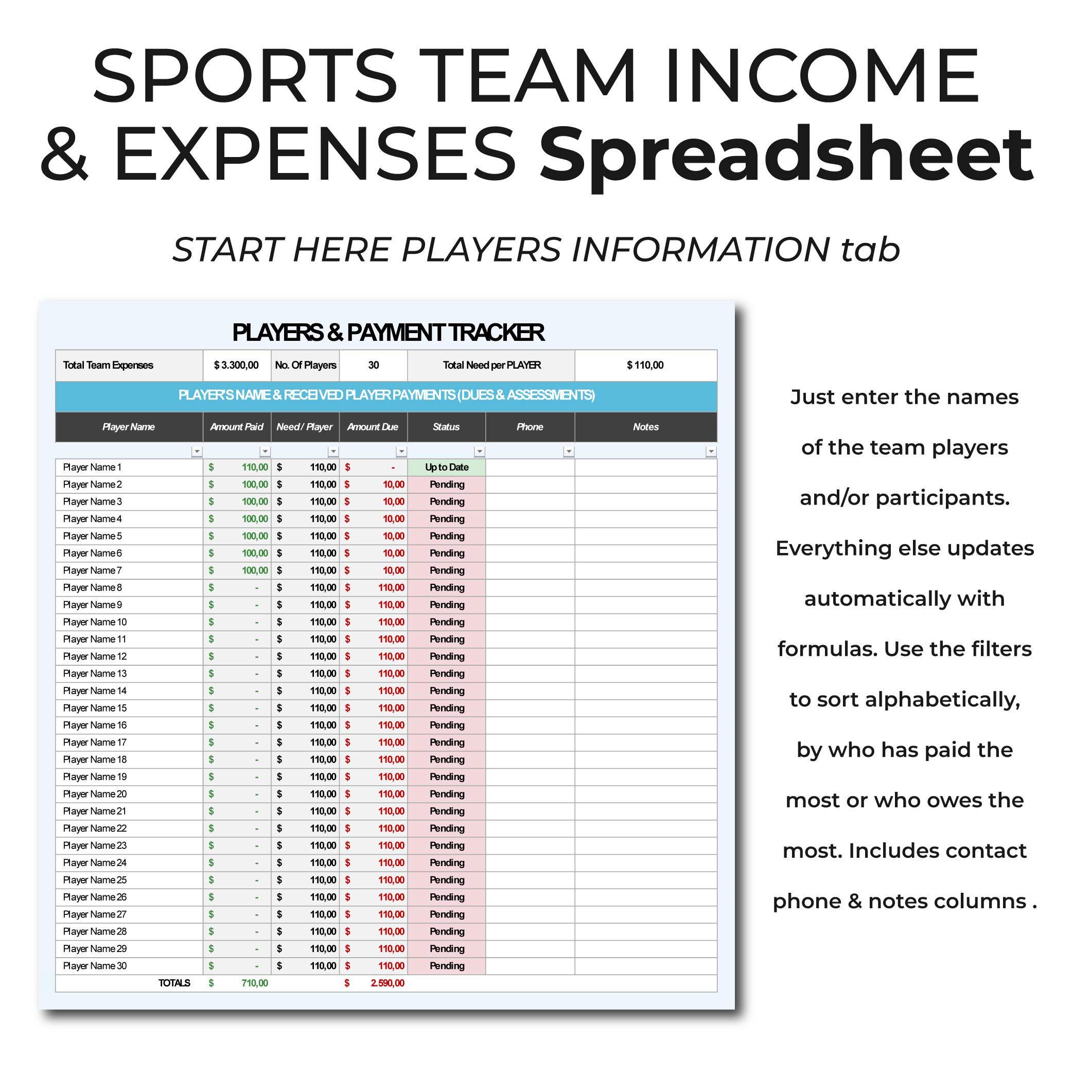 Sports Club Player Payments, Player Payments and Balances Tracker ...