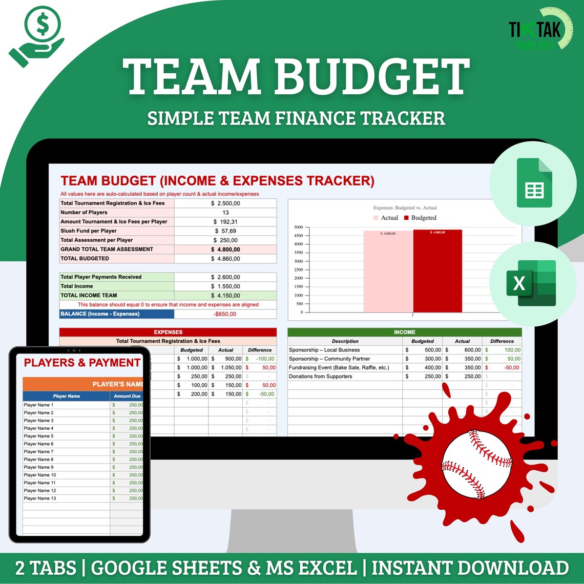 Baseball Team Budget Spreadsheet Template, Youth Baseballteam Expenses ...