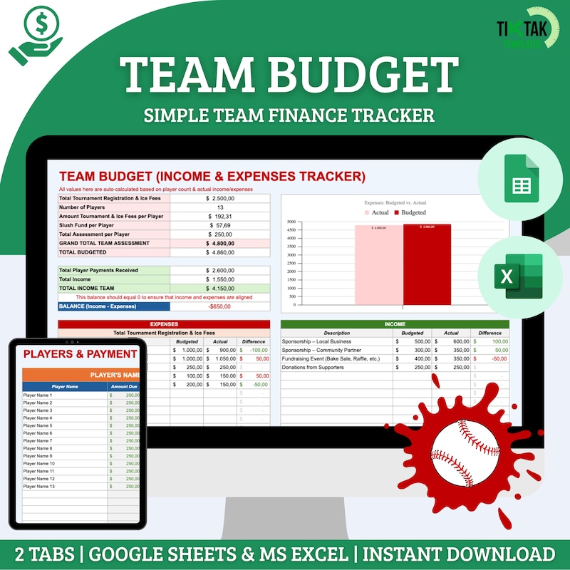 Travel Baseball Team Budget Spreadsheet - Etsy