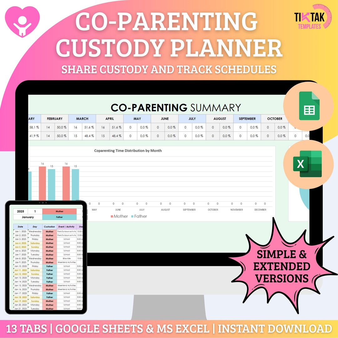 Co-parenting Custody Planner Spreadsheet, Custody Calendar Tracker ...