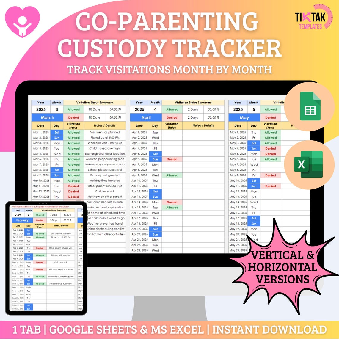 Co-parenting Custody Tracker Spreadsheet, Allowed & Denied Custody Log ...