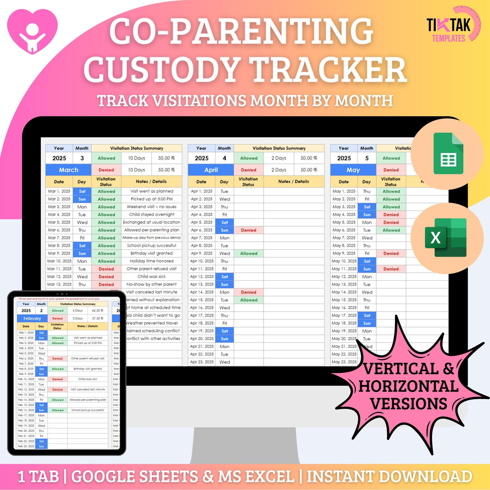 Co-parenting Custody Tracker Spreadsheet, Allowed & Denied Custody Log ...