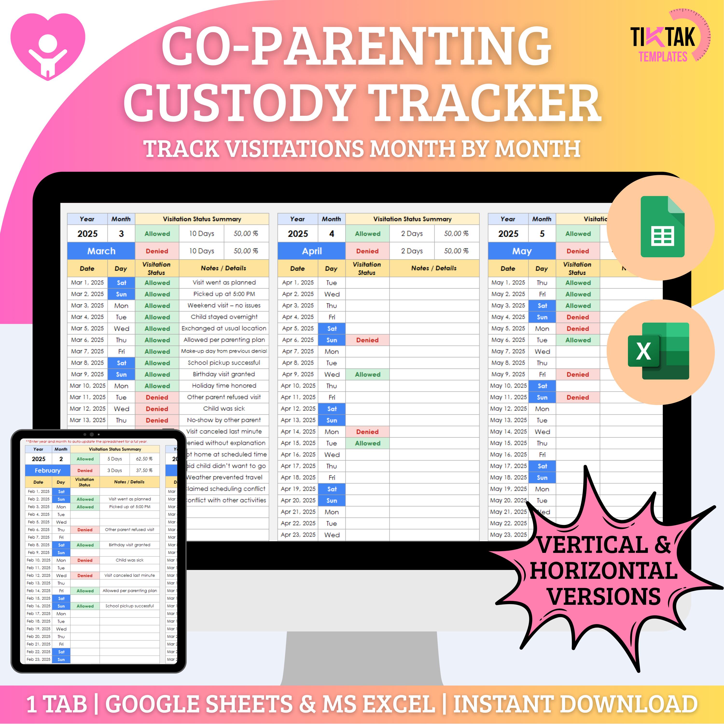 Co-parenting Custody Tracker Spreadsheet, Allowed & Denied Custody Log ...