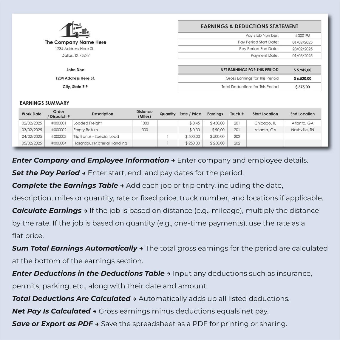 Trucker Pay Record, Truck Driver Payment Spreadsheet Template, Trucker ...