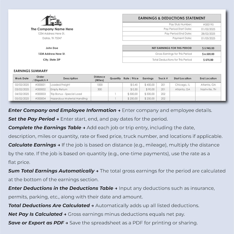 Trucker Pay Record, Truck Driver Payment Spreadsheet Template, Trucker ...