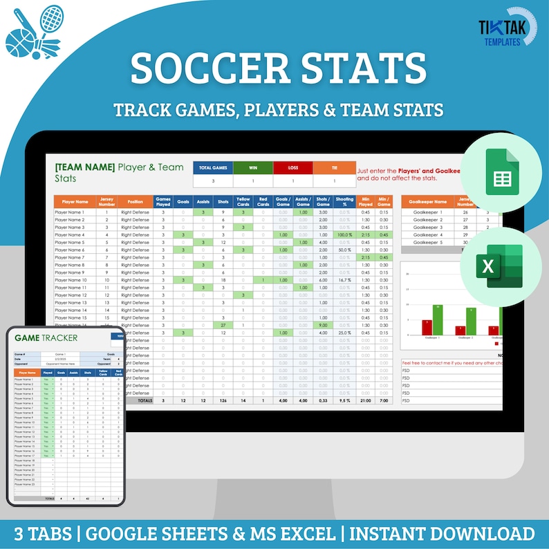 Soccer Stats Spreadsheet Template, Soccer Player Stats Tracker & Game ...