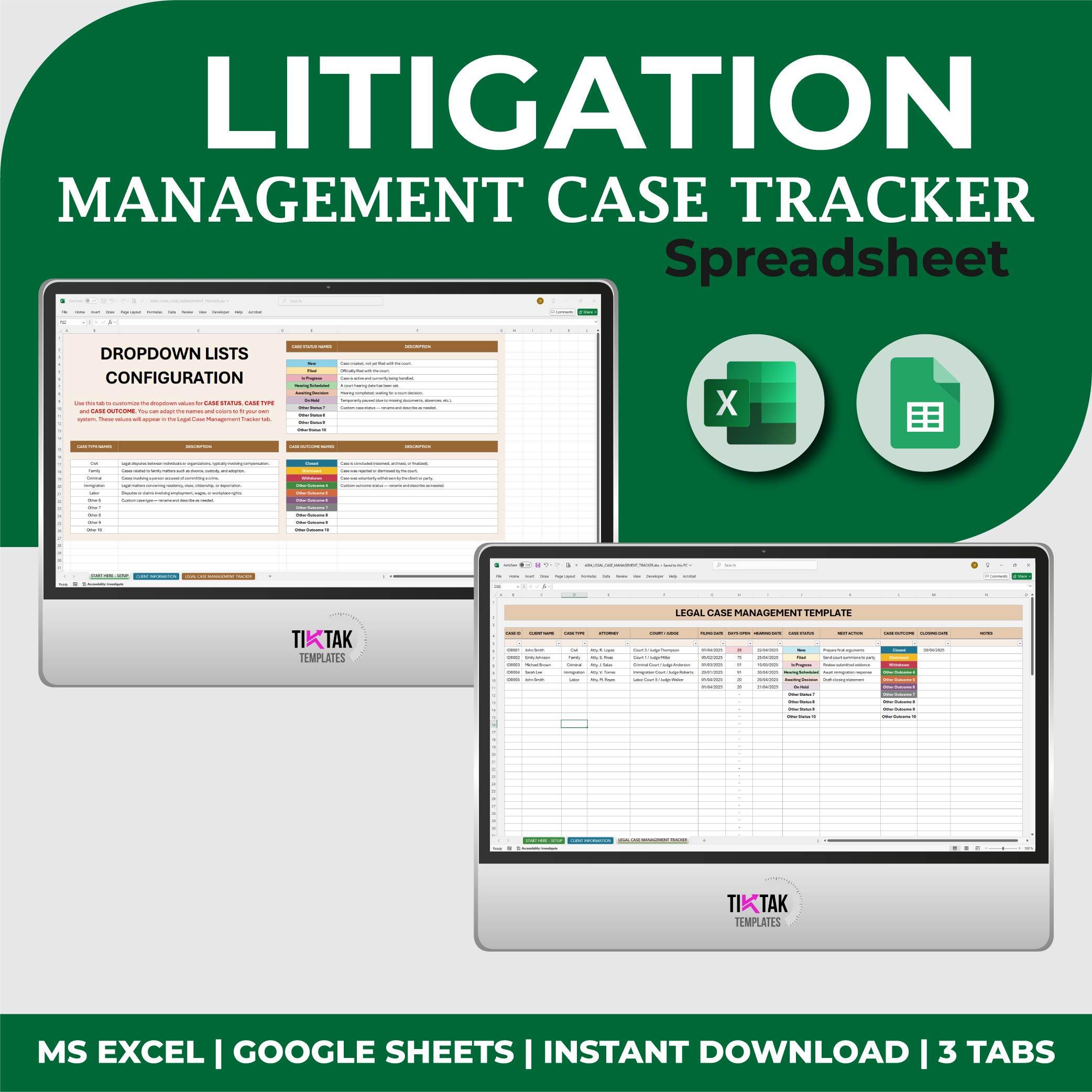 Litigation Management Case Tracker Spreadsheet Template | Law Firm Case ...