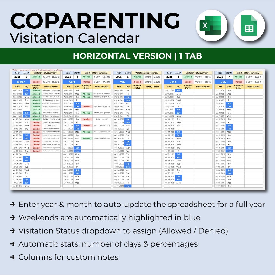 Coparenting Visitation Calendar Log Spreadsheet, Child Custody Calendar ...