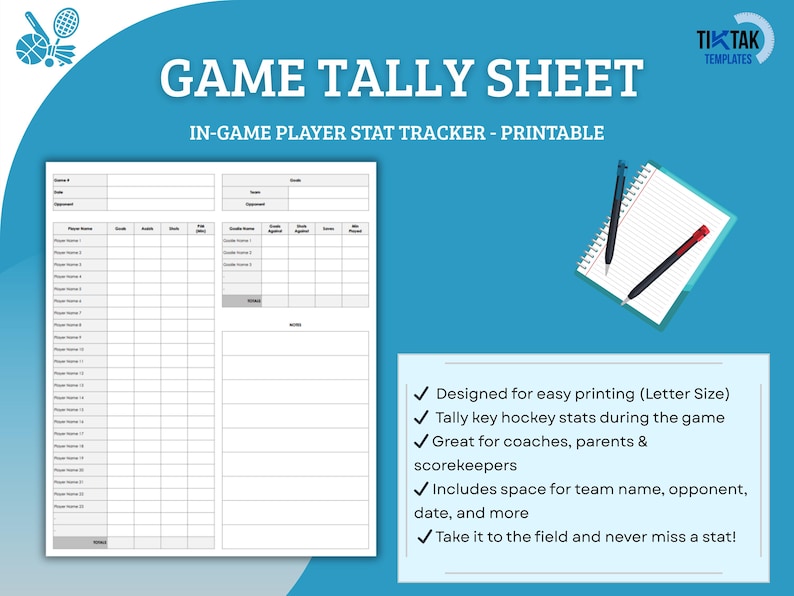 Hockey Stats Spreadsheet Template, Hockey Player Stats Tracker Log, Hockey Team Stats, Hockey ...
