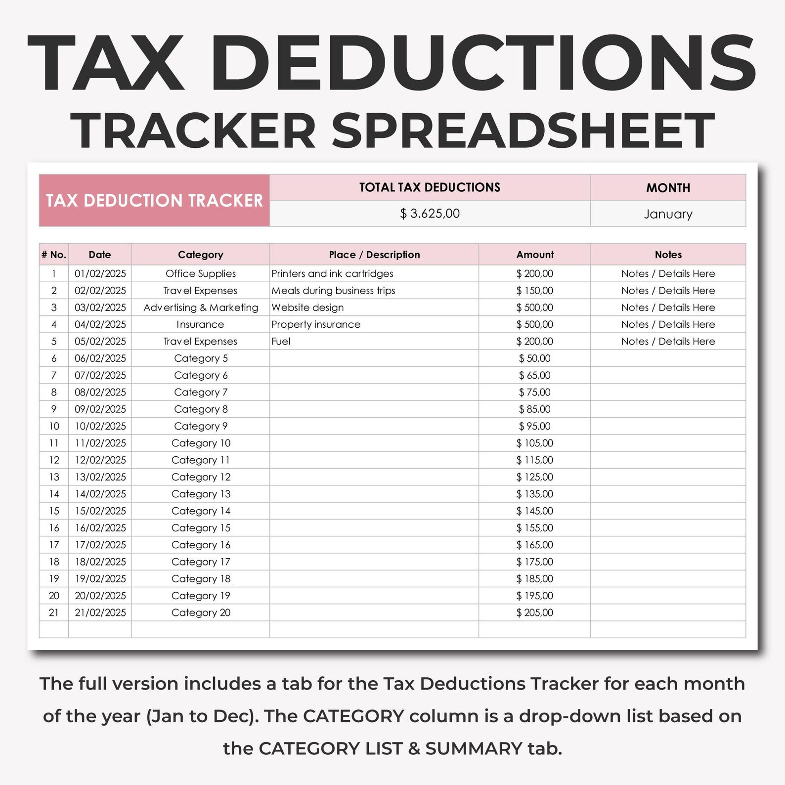 Tax Deduction Tracker Spreadsheet Template. Small Business Tax ...