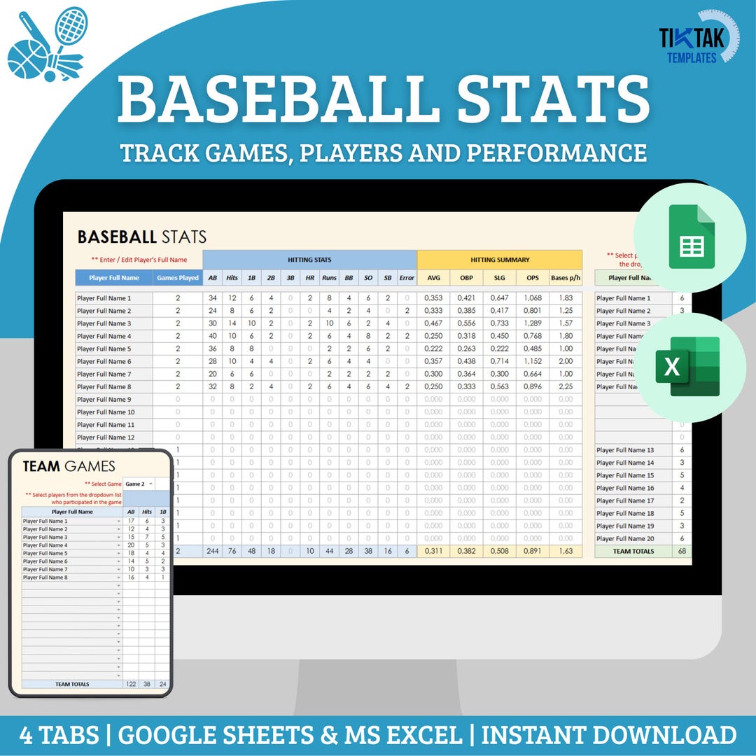 Baseball Stats Spreadsheet, Players & Team Tracker Stats, Excel Google ...