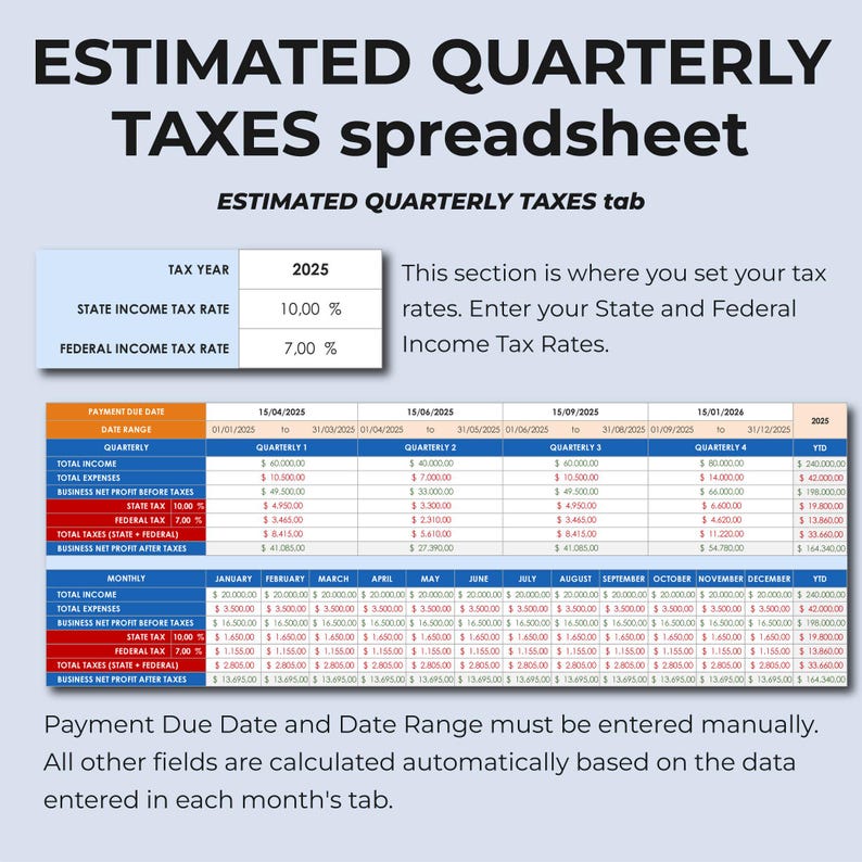 Quarterly Taxes Spreadsheet Template, State & Federal Income Taxes ...