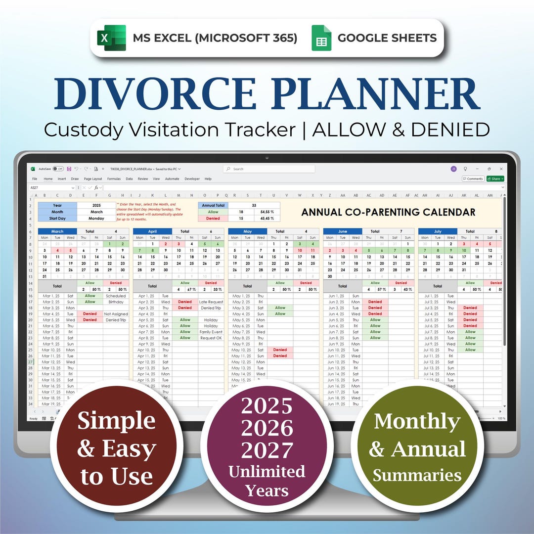 Divorce Planner Spreadsheet Template, Annual Monthly Coparenting ...