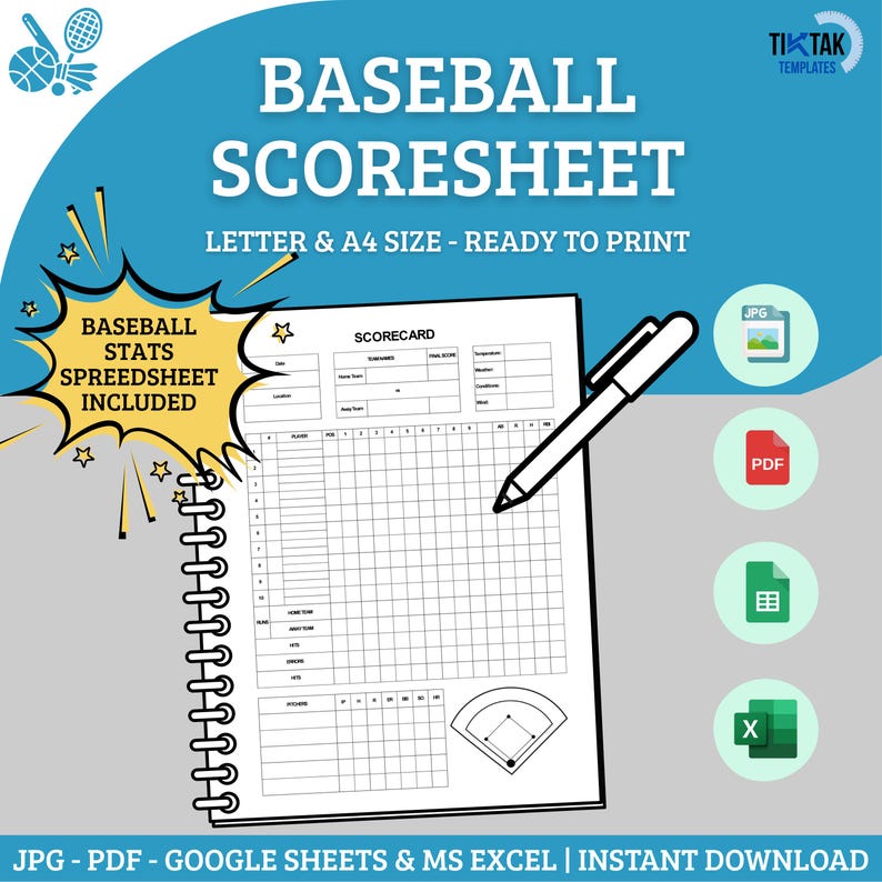 Printable Baseball Scorecard PDF, Baseball Score Sheet Template ...