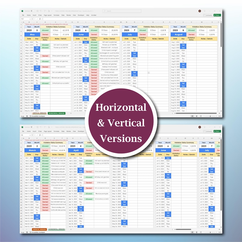Coparenting Visitation Calendar Log Spreadsheet, Child Custody Calendar ...