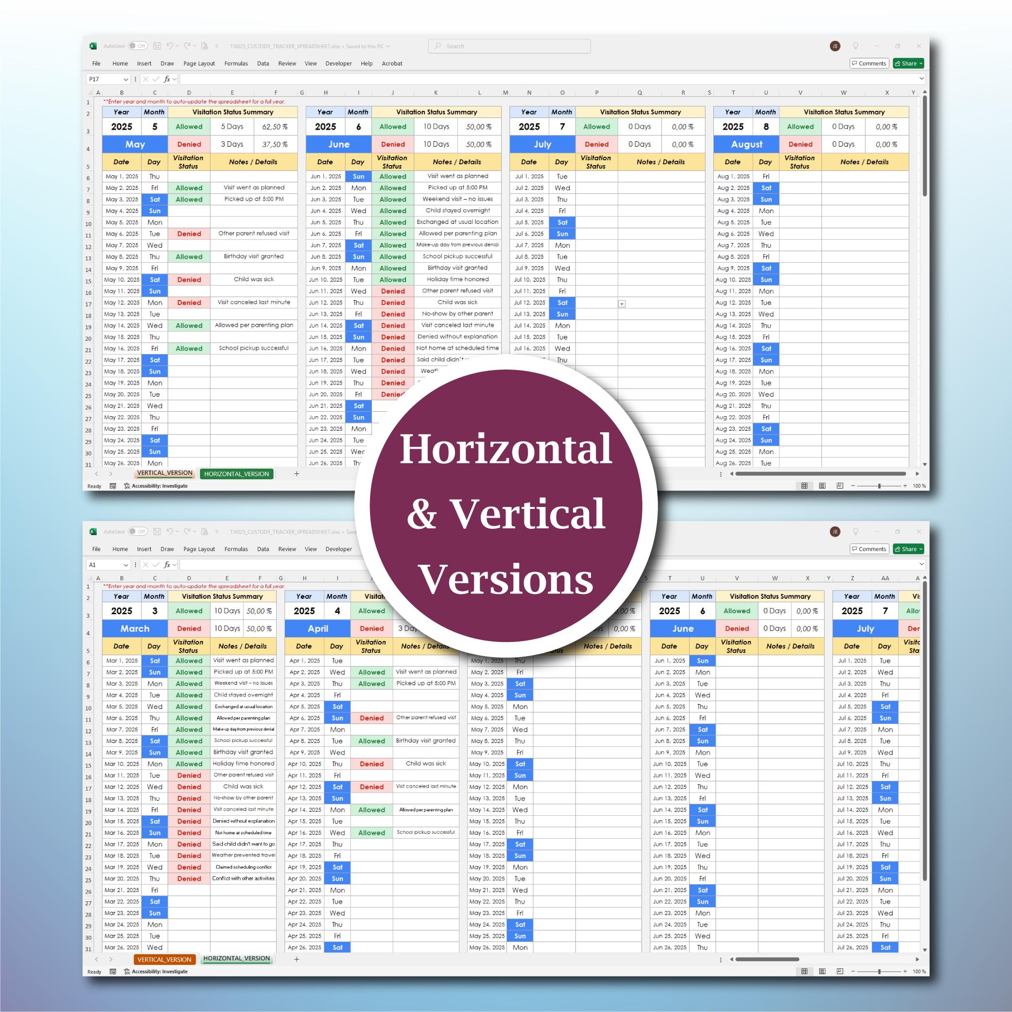 Coparenting Visitation Calendar Log Spreadsheet, Child Custody Calendar ...
