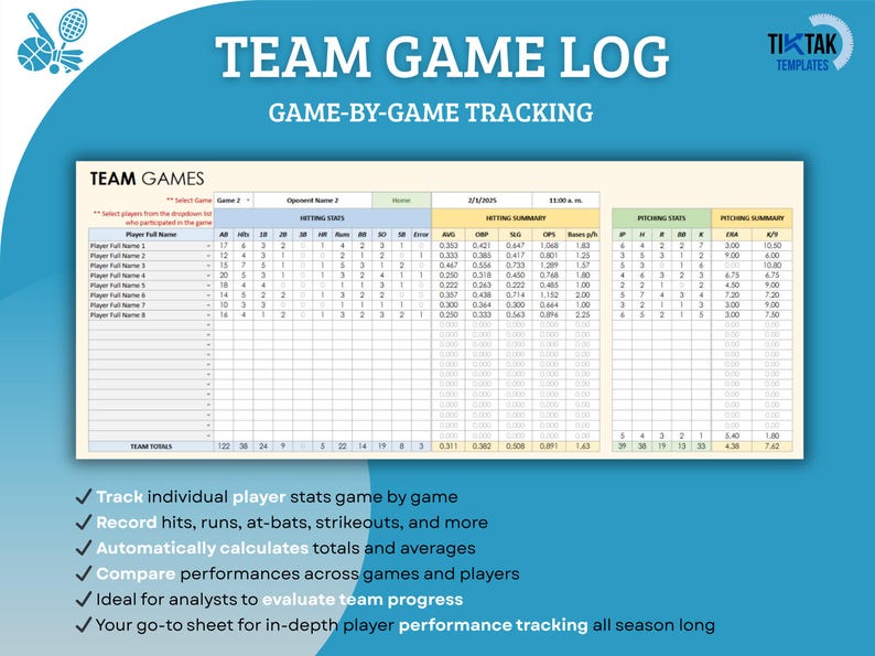 Baseball Stats Spreadsheet, Players & Team Tracker Stats, Excel Google ...