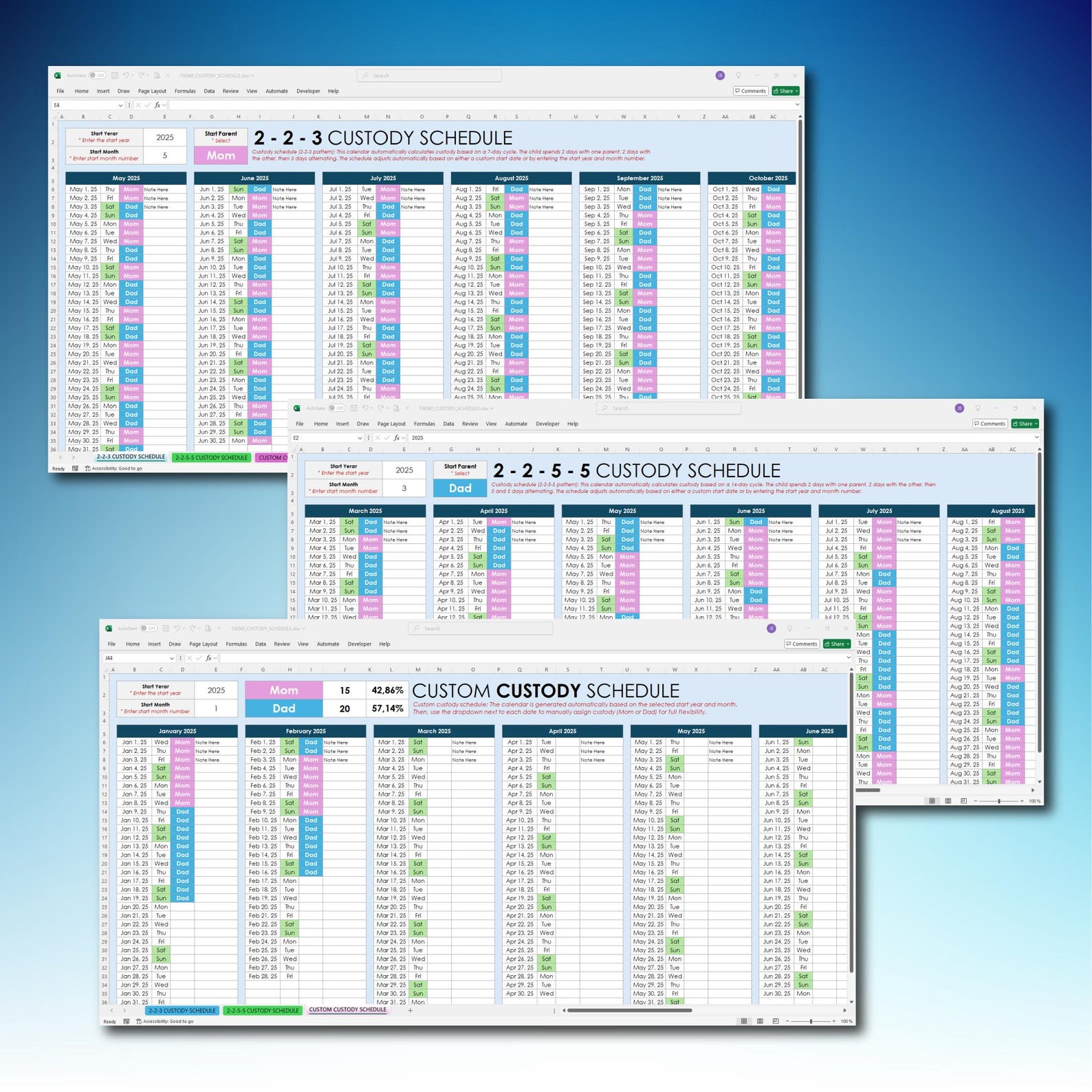 Custom Custody Schedule, Custom Custody Calendar, Coparenting Custody ...