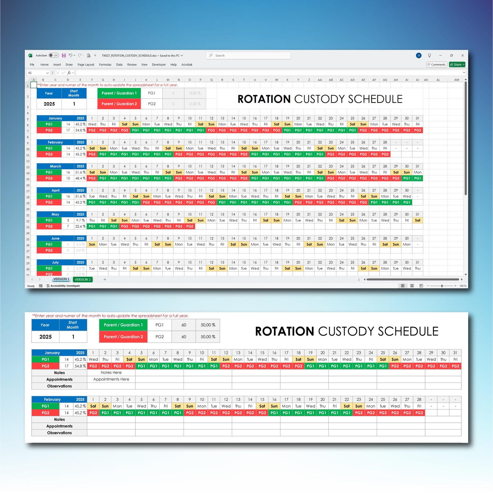 Coparenting Visitation Calendar Log Spreadsheet, Child Custody Calendar ...