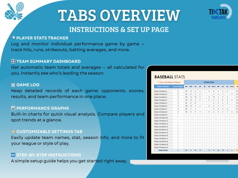 Baseball Stats Spreadsheet, Players & Team Tracker Stats, Excel Google ...