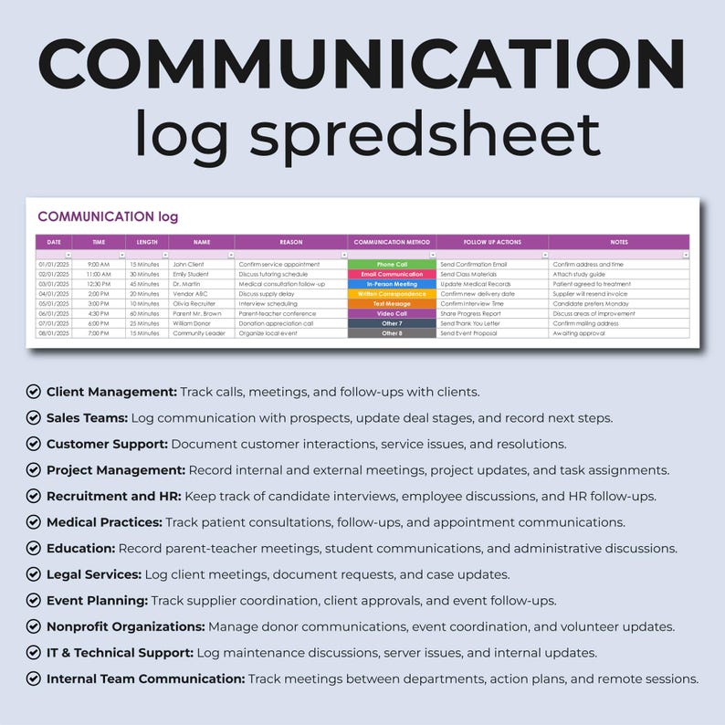 Excel and Google Sheets Communication Log, Meeting and Call Log ...