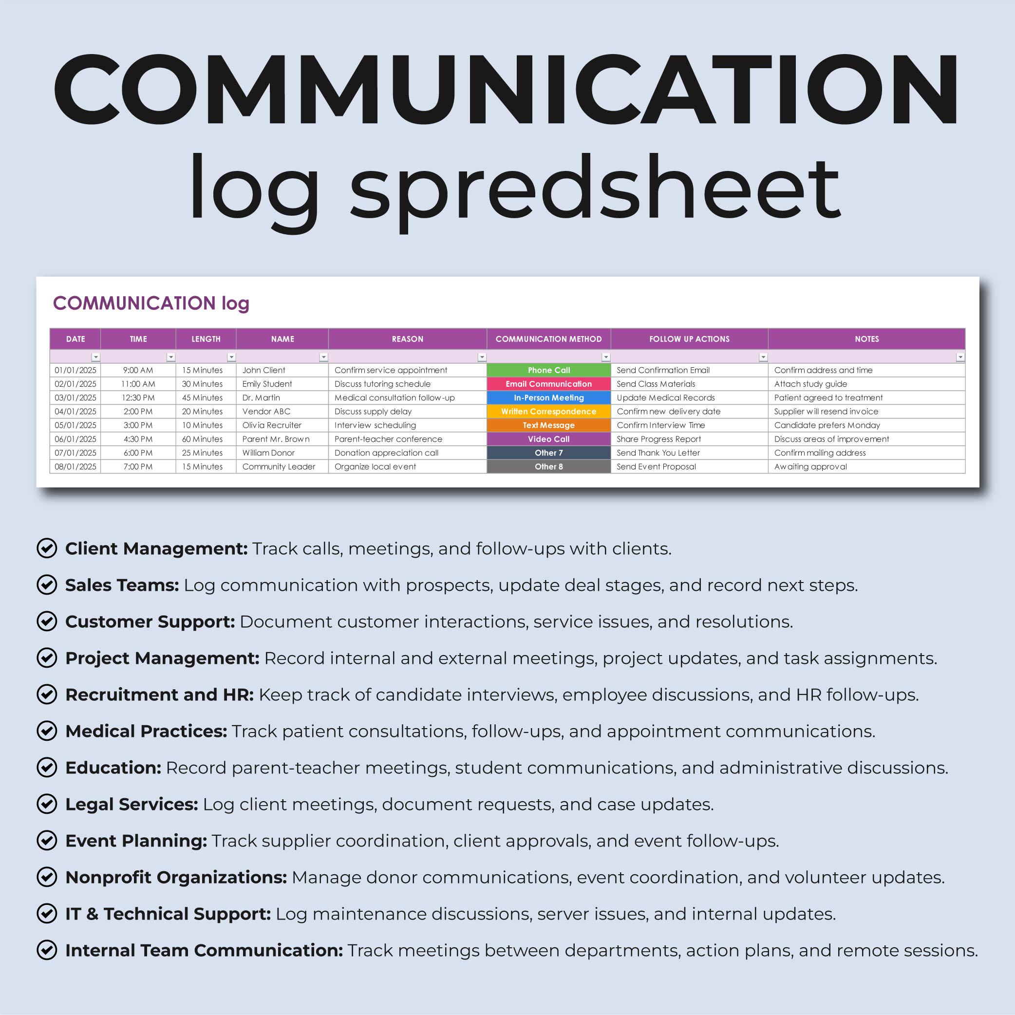 Excel and Google Sheets Communication Log, Meeting and Call Log ...
