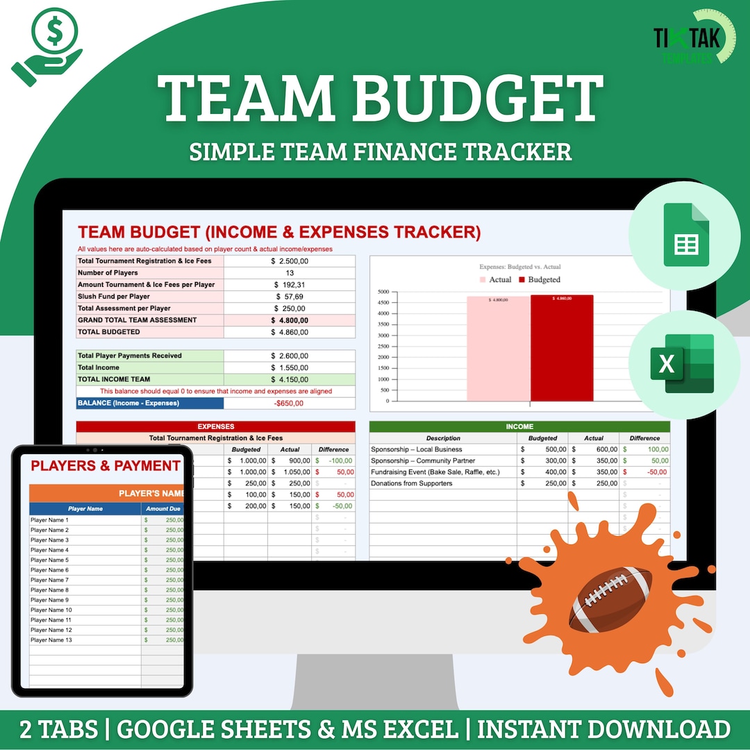 American Football Team Budget Spreadsheet Template, Youth American ...