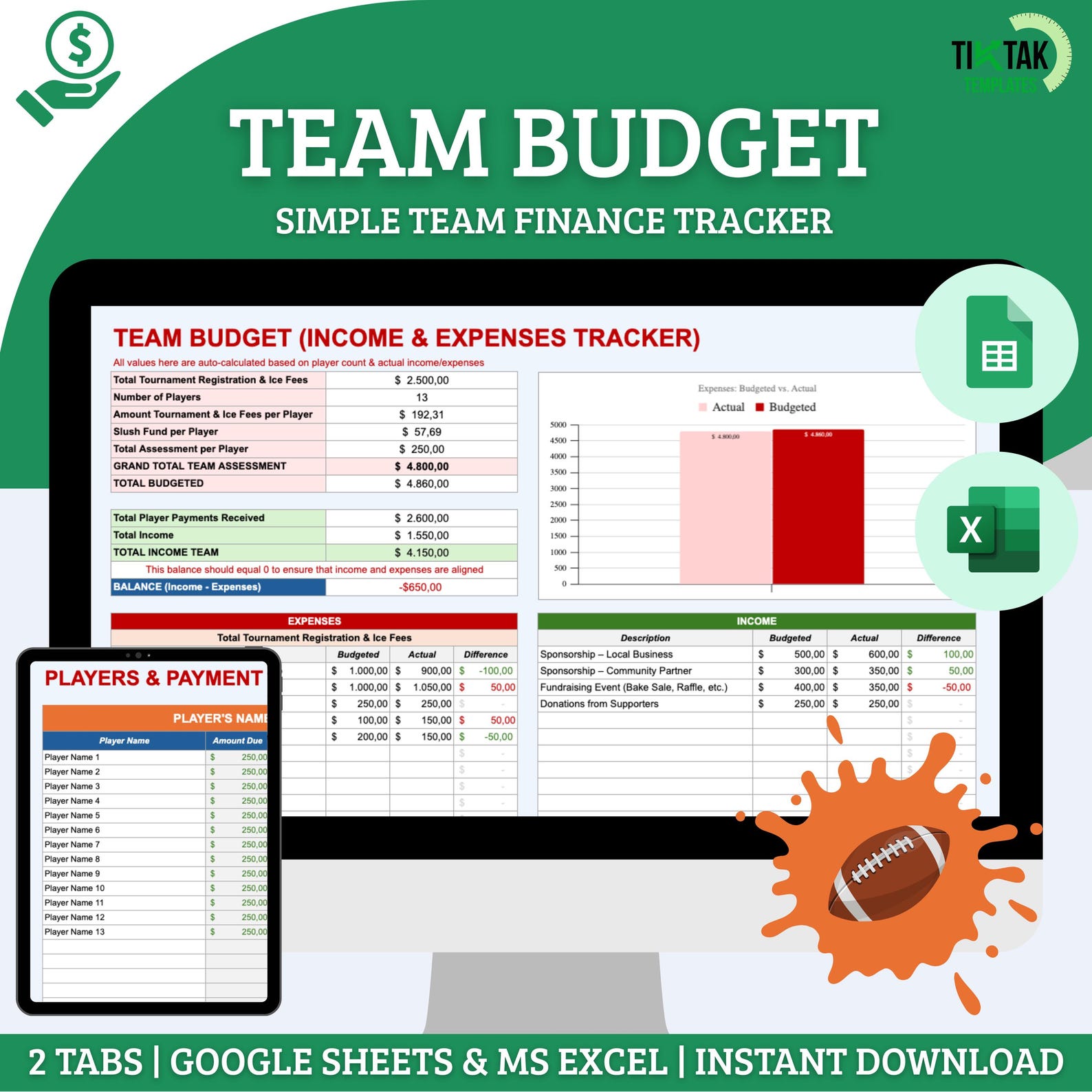American Football Team Budget Spreadsheet Template, Youth American ...
