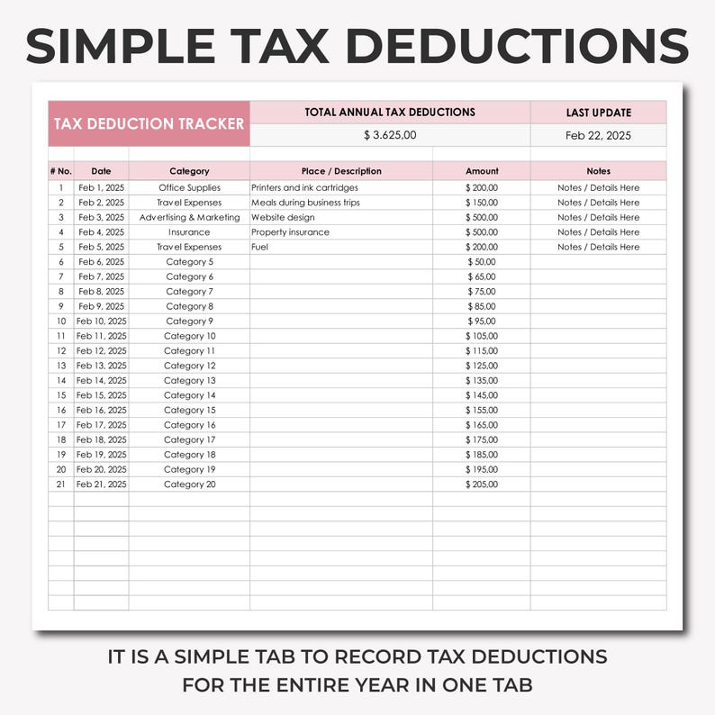 Tax Deduction Tracker Spreadsheet Template. Small Business Tax Deductions List. Tax Organizer ...