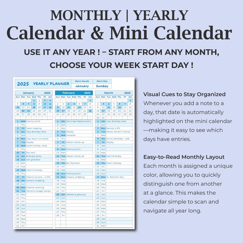 Excel Yearly Planner, Year at a Glance Calendar, Smart Monthly Schedule ...