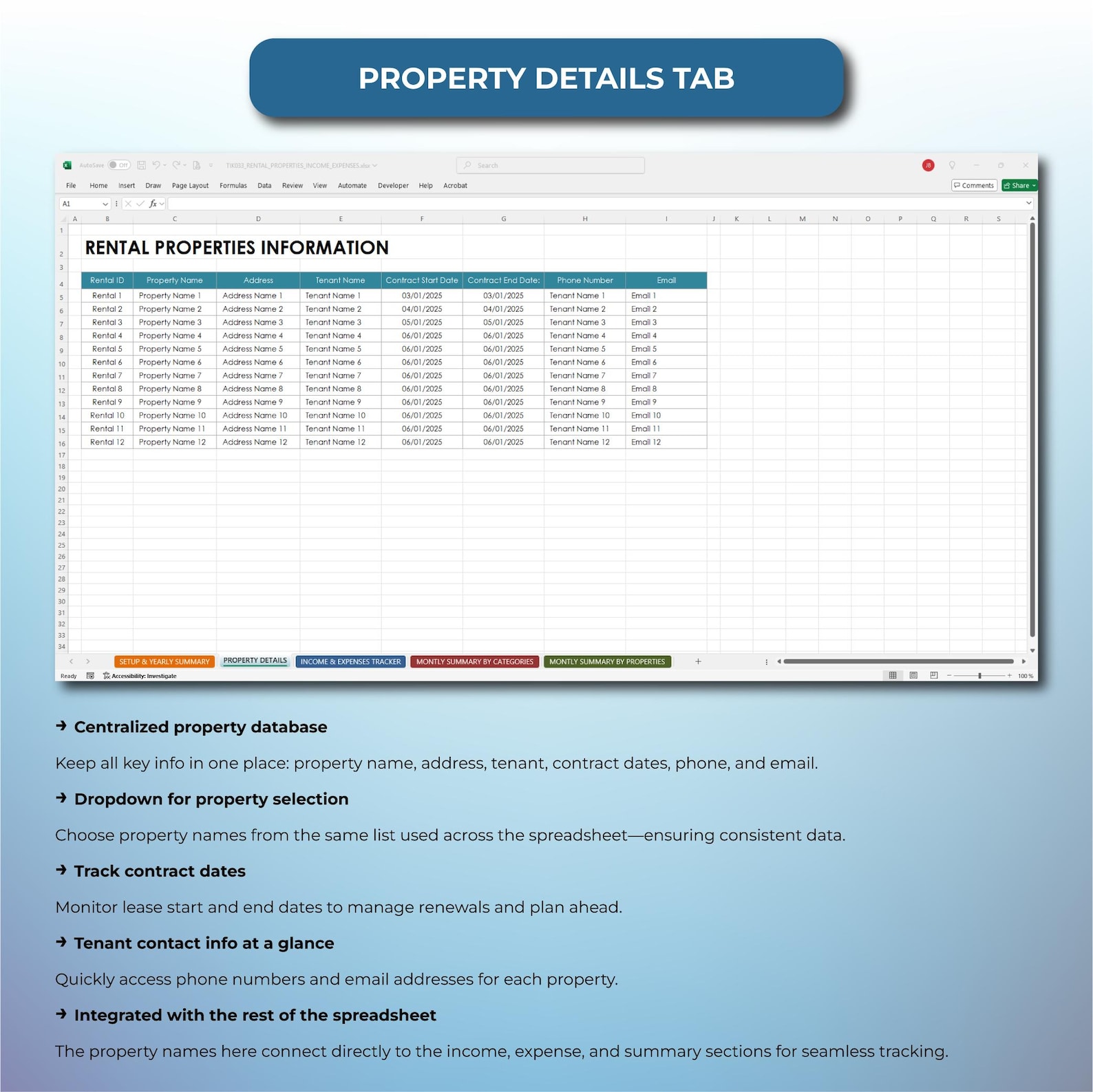 Rental Properties Income Expense Tracker, Excel Google Sheets Template ...