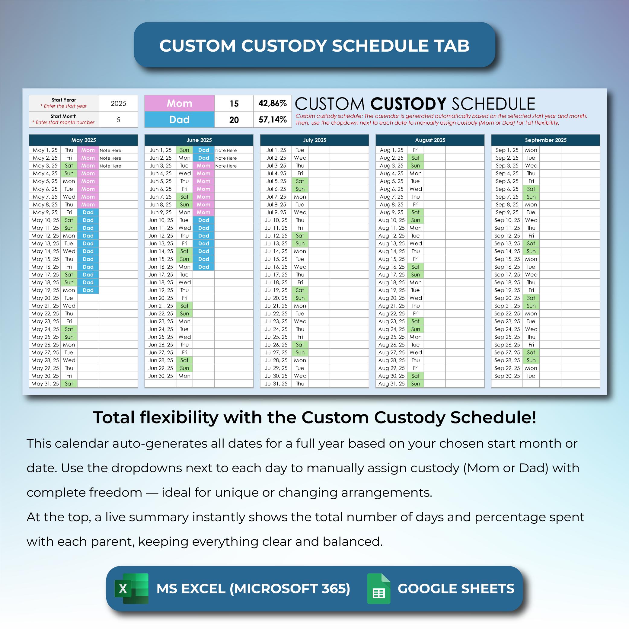 Custom Custody Schedule, Custom Custody Calendar, Coparenting Custody ...