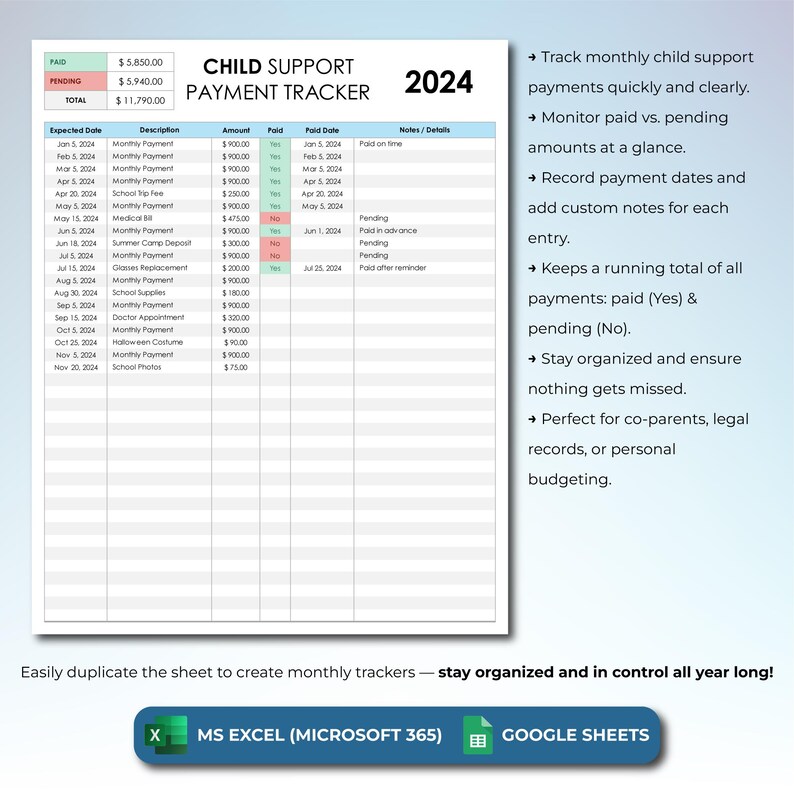 Child Support Payment Tracker Spreadsheet Template, Excel & Google Sheets Template, Monthly ...