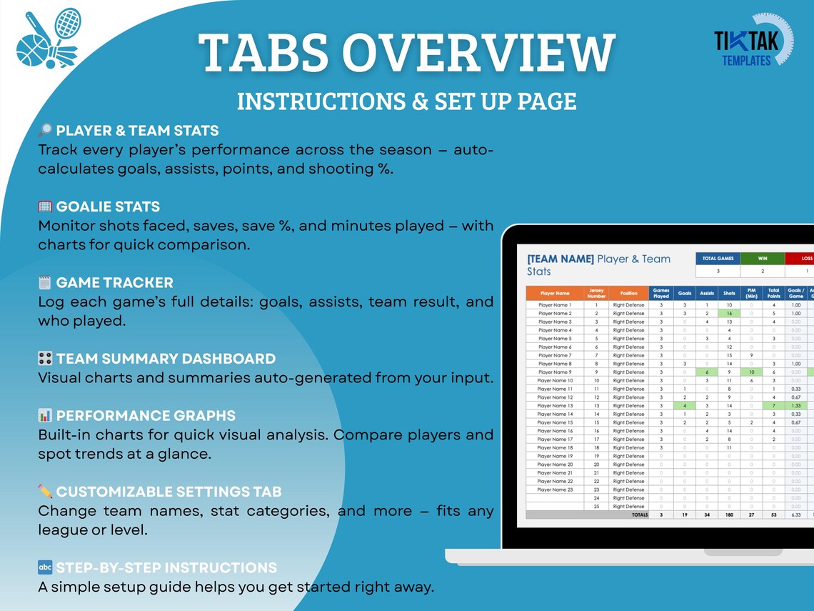 Hockey Stats Spreadsheet Template, Hockey Player Stats Tracker Log, Hockey Team Stats, Hockey ...
