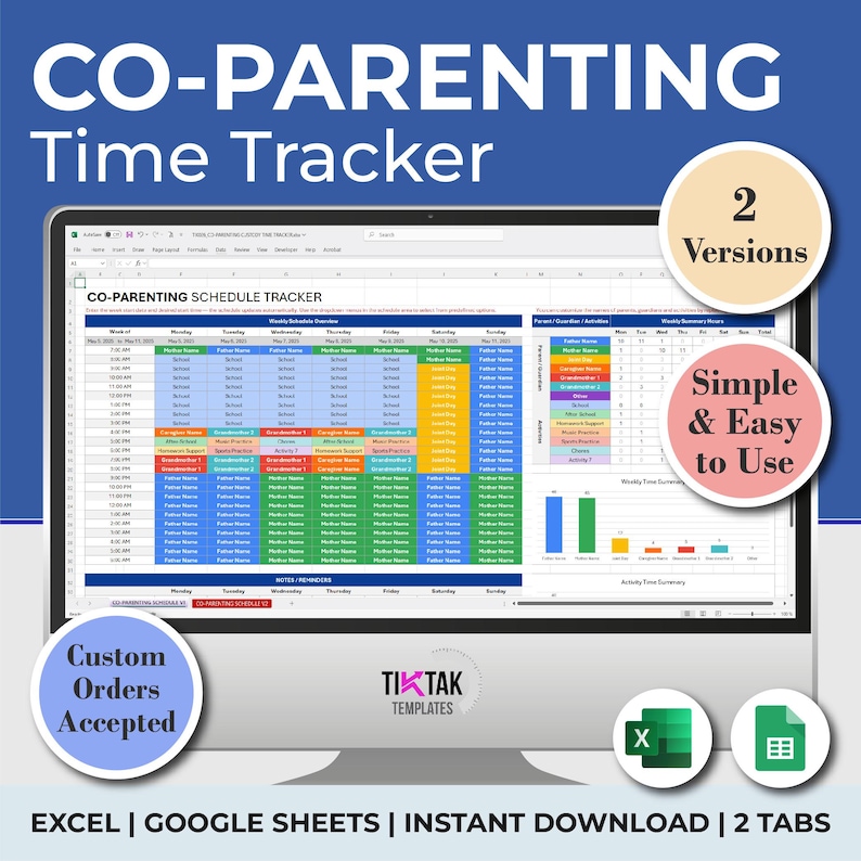 Co-parenting Time Tracker Template, Excel Google Sheets, Divorced ...