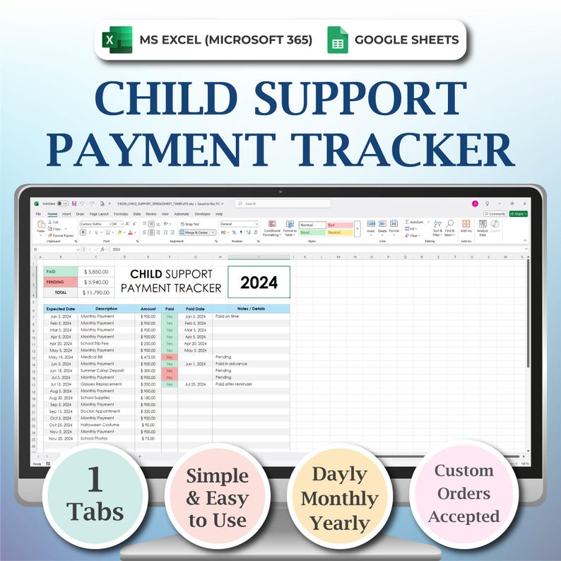 Child Support Payment Tracker Spreadsheet Template, Excel & Google ...