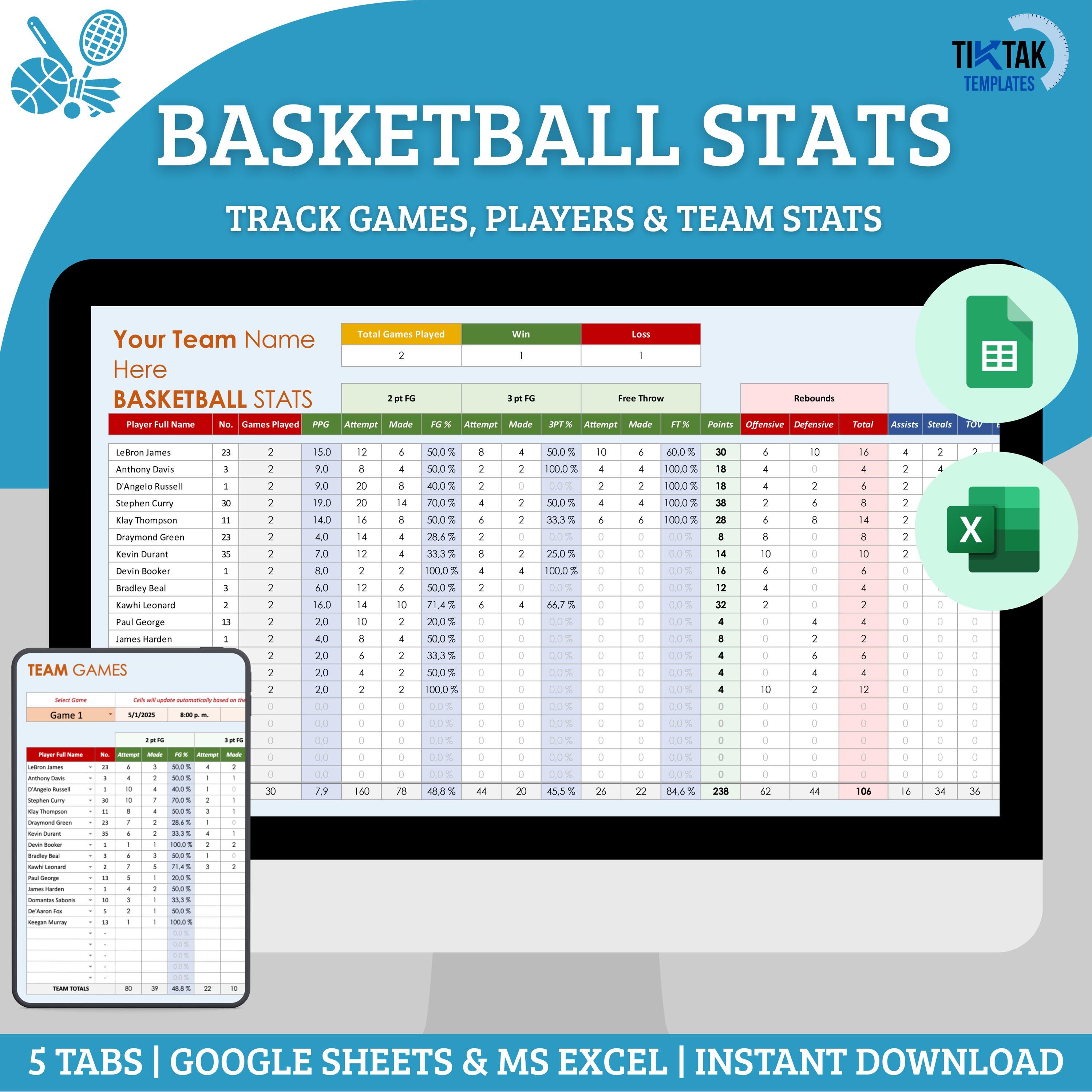 Basketball Stats Spreadsheet Template, Basketball Player Stats Tracker ...
