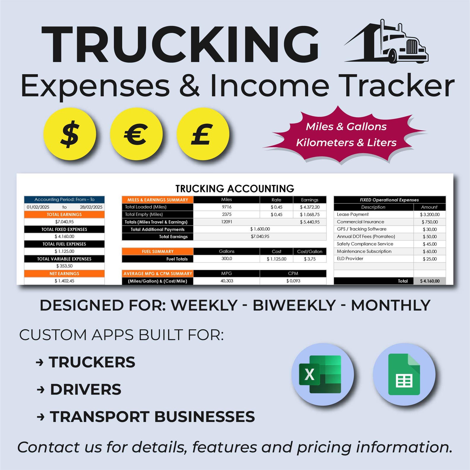 Truck Driver Recordkeeping Spreadsheet, Operating Costs Spreadsheet ...