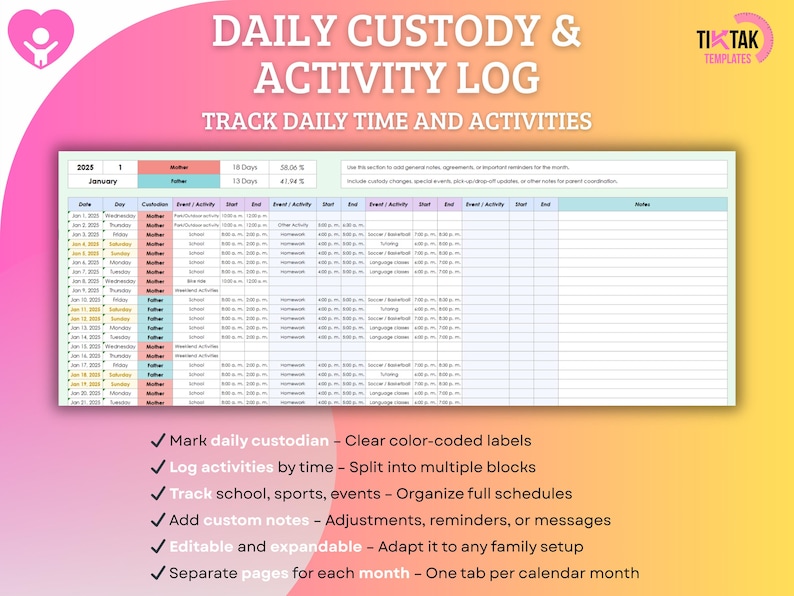 Co-parenting Custody Planner Spreadsheet, Custody Calendar Tracker ...