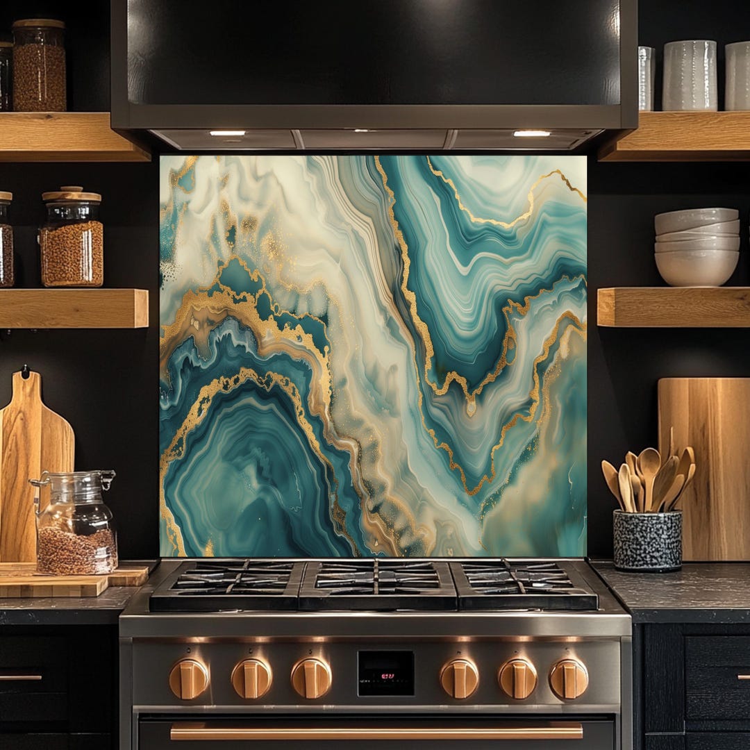 Turquoise Dream Marble Glass Backsplash, Tempered Glass Kitchen ...
