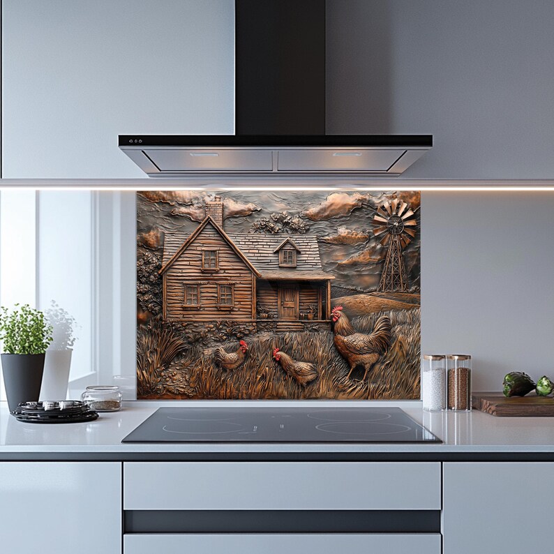 Rustic Farmhouse Scene Glass Backsplash, Tempered Glass Kitchen ...