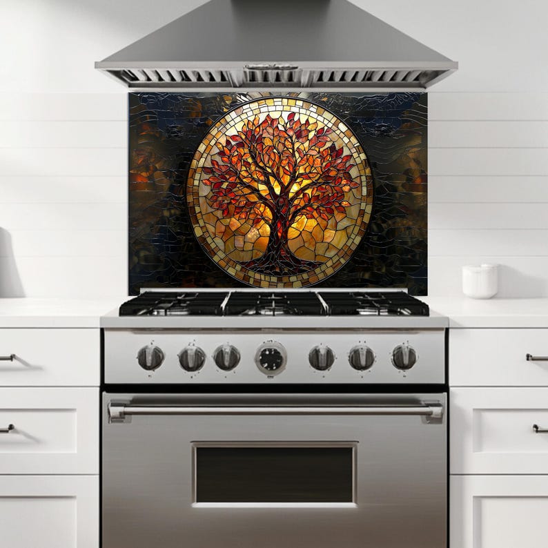 Stained Glass Tree of Life Backsplash, Tempered Glass Kitchen ...