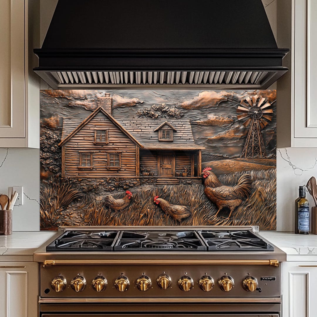 Rustic Farmhouse Scene Glass Backsplash, Tempered Glass Kitchen ...