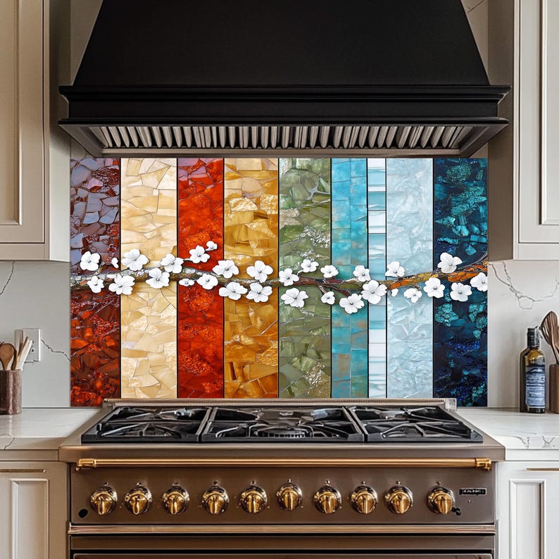 Rainbow Mosaic Blossom Glass Backsplash, Tempered Glass Kitchen ...