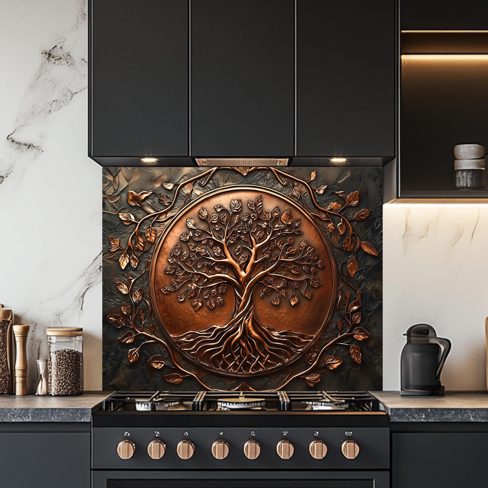 Copper Tree of Life Backsplash, Tempered Glass Kitchen Backsplash ...