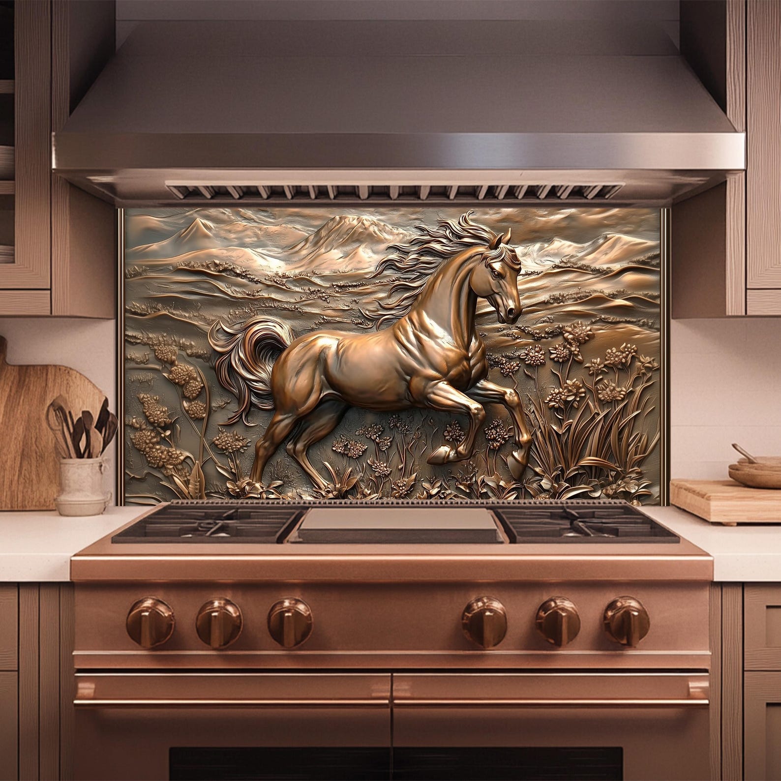 Copper Galloping Horse Glass Backsplash, Tempered Glass Kitchen ...