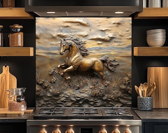 Copper Galloping Horse Glass Backsplash, Tempered Glass Kitchen ...